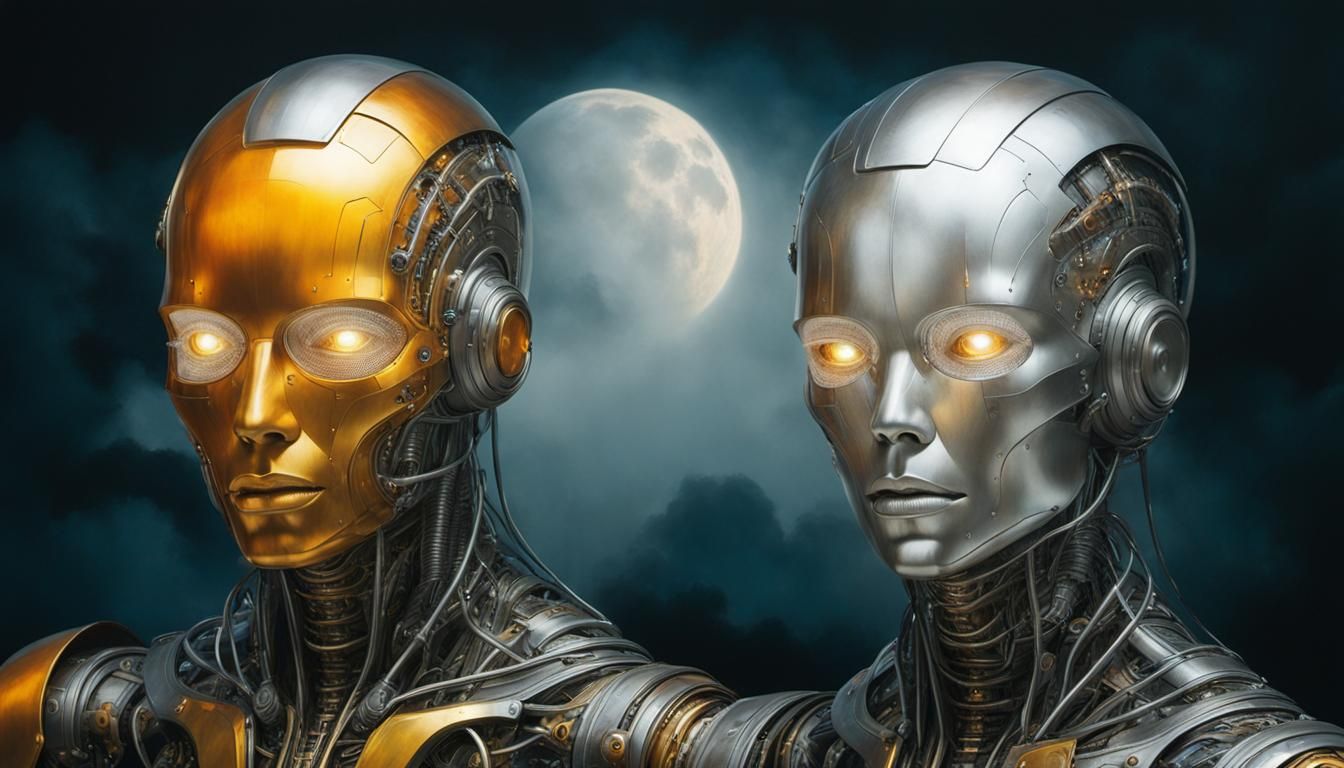 Two humanoid android with stainless steel skin /4 - AI Generated ...
