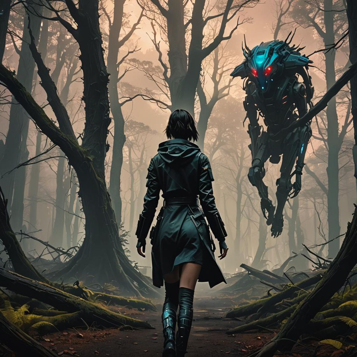 Fantasy horror, a young woman crossing the haunted forest, a large ...