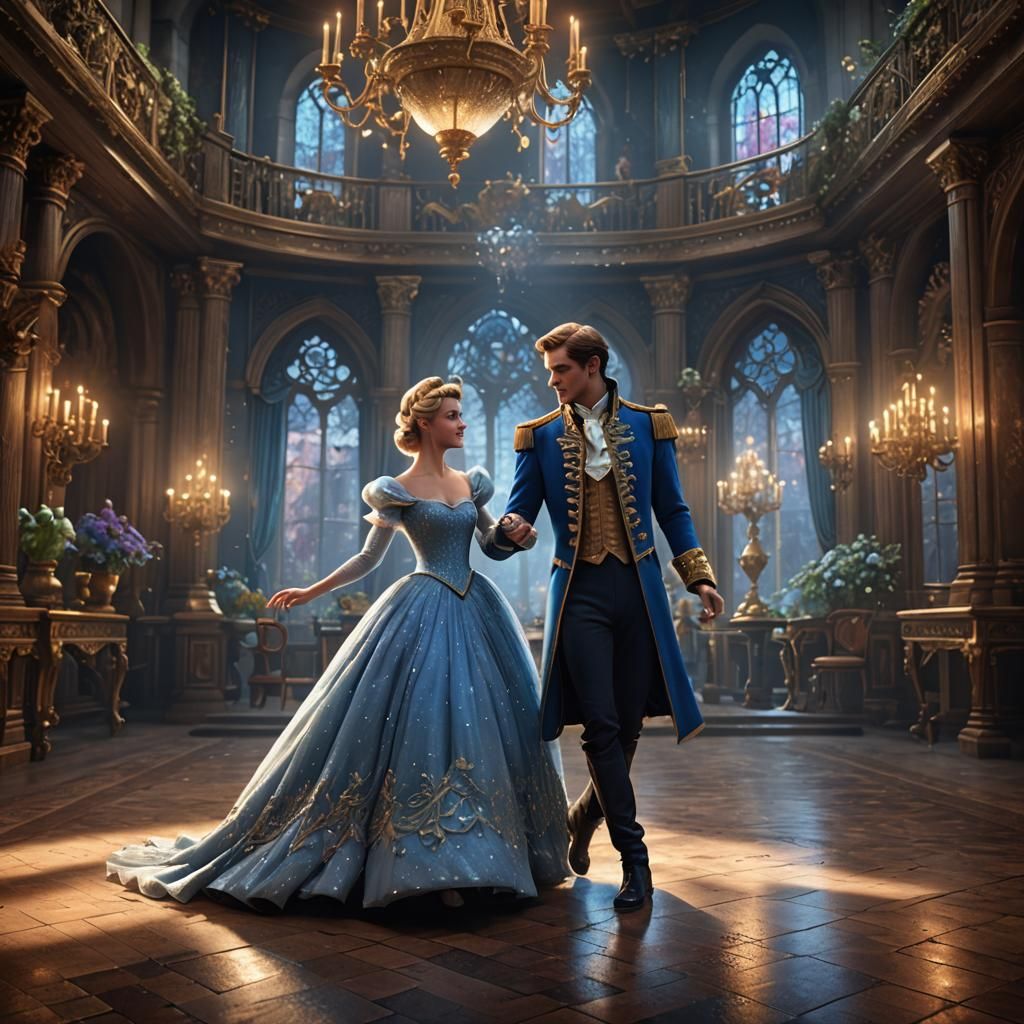 Prince Charming and Cinderella dance in the light hall - AI Generated ...