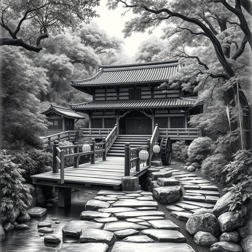 Traditional Japanese Dojo in Charcoal Anime Style - AI Art