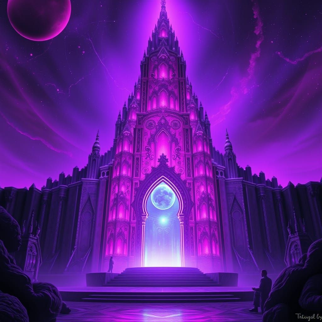 Surreal Cosmic Temple Radiates Purple Glow - AI Art