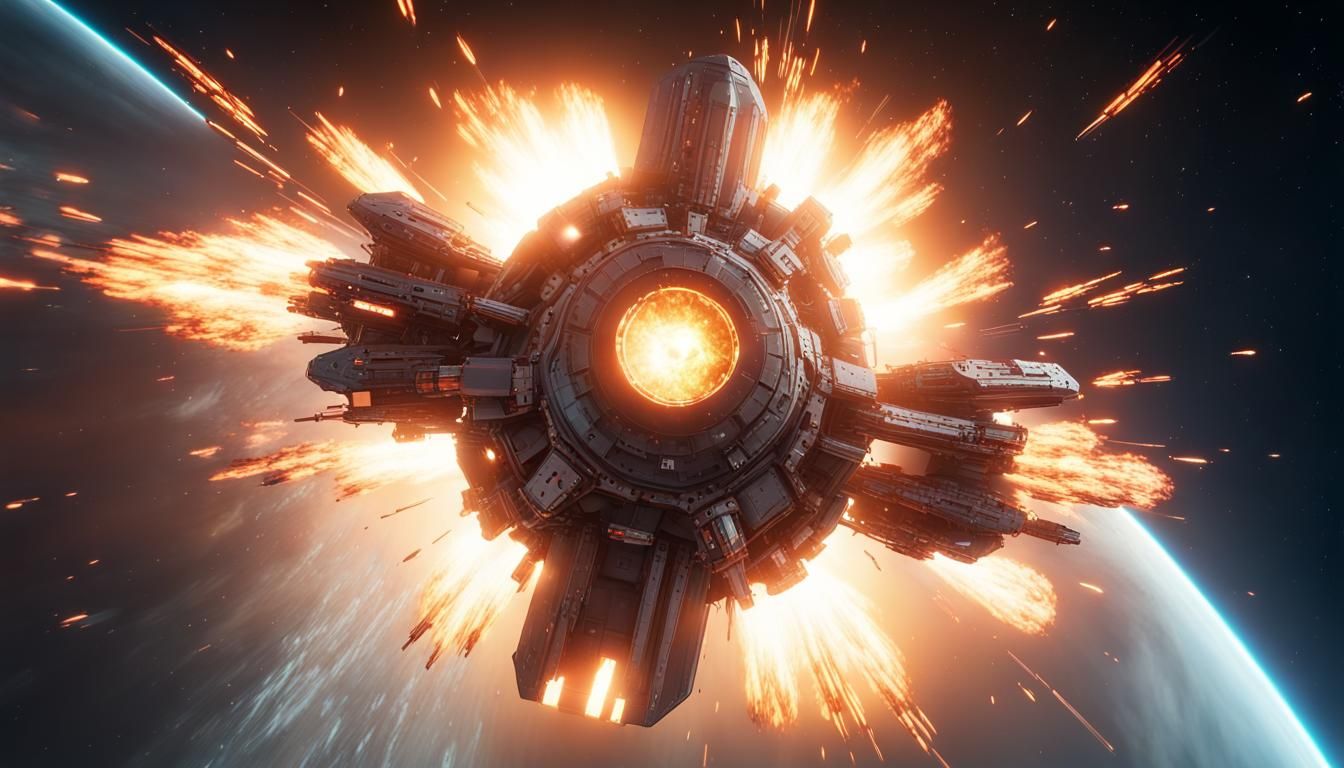 Portrait of a very long exploding cyber spacecraft trying to get away with burning thrusters and ...