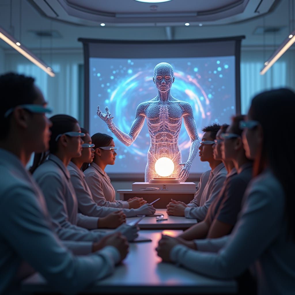 Professor AI Teaches Cybernetic Students in a Neon... - AI Art