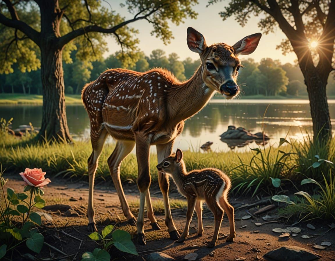 Surreal Sunrise Landscape with Fawn and Frog in Vi... - AI Art