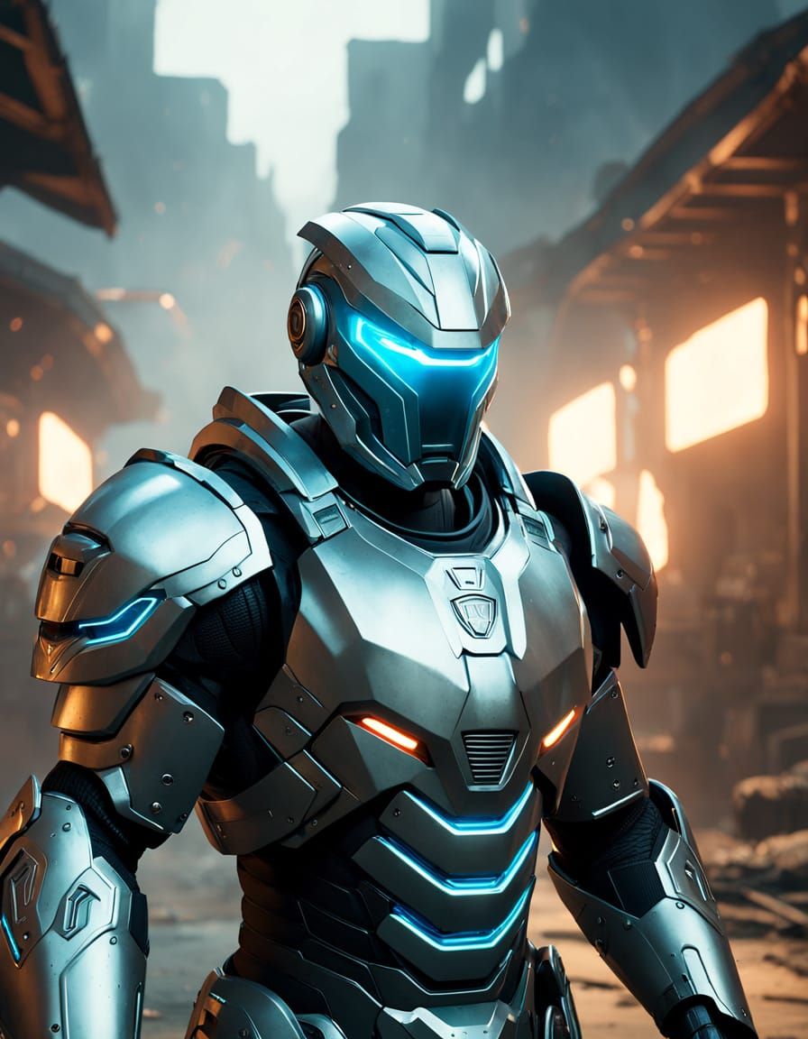 Cyberpunk Arena Warrior in Titanium Armor with Las... - AI Art