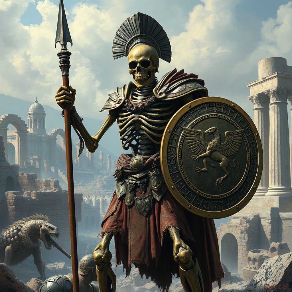 Greek Warrior Skeleton in Ancient Ruins - AI Art