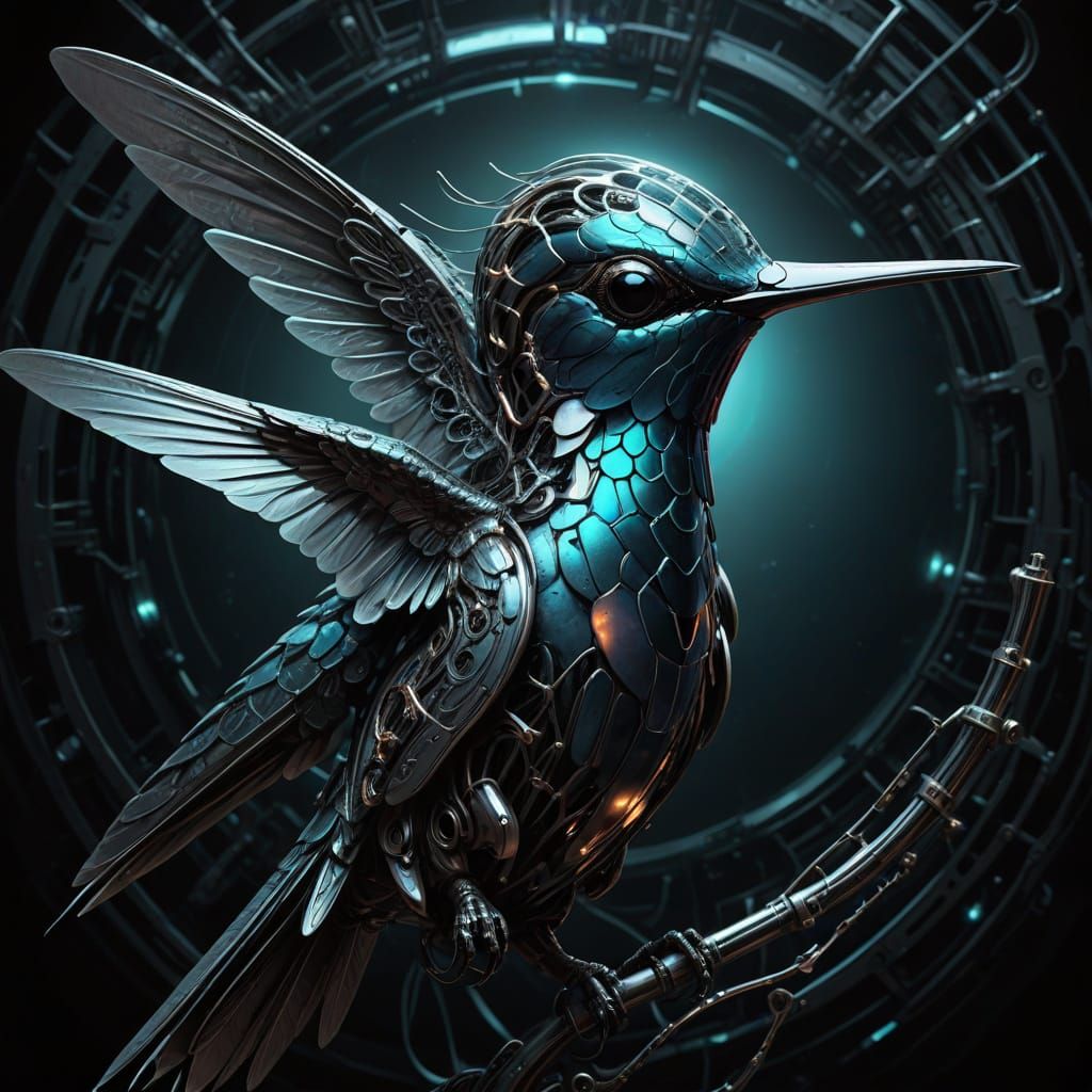 Hummingbird - Ethereal Hummingbird in Dark Futuristic Biomec...
