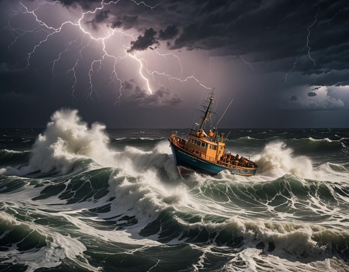a small boat battling enormous waves in the middle of a stormy sea at night : r/nightcafe