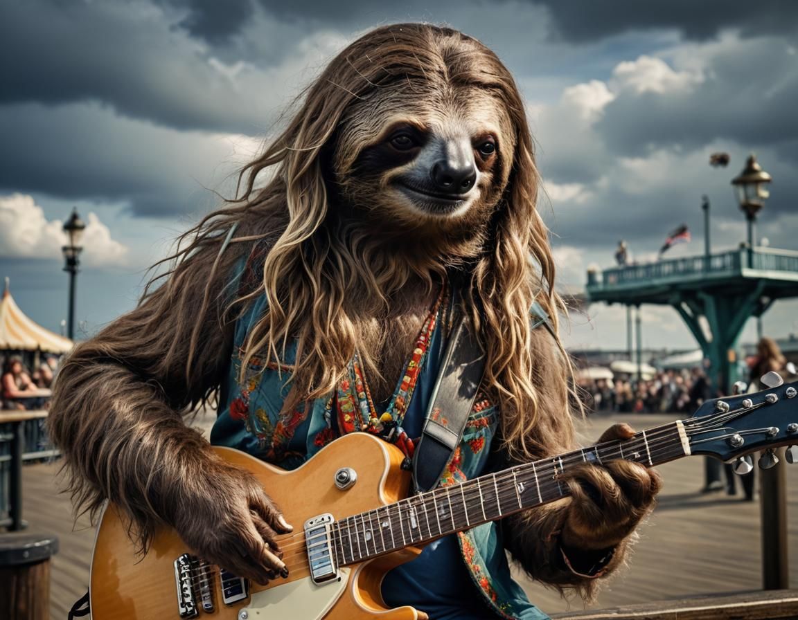 long haired hippie sloth playing electric guitar , busking on Brighton ...