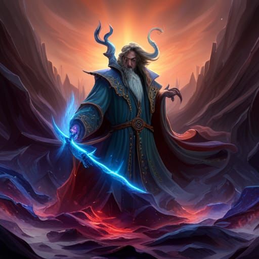 A dark wizard, staff, robes, summoning a demon, 8k resolution, a ...