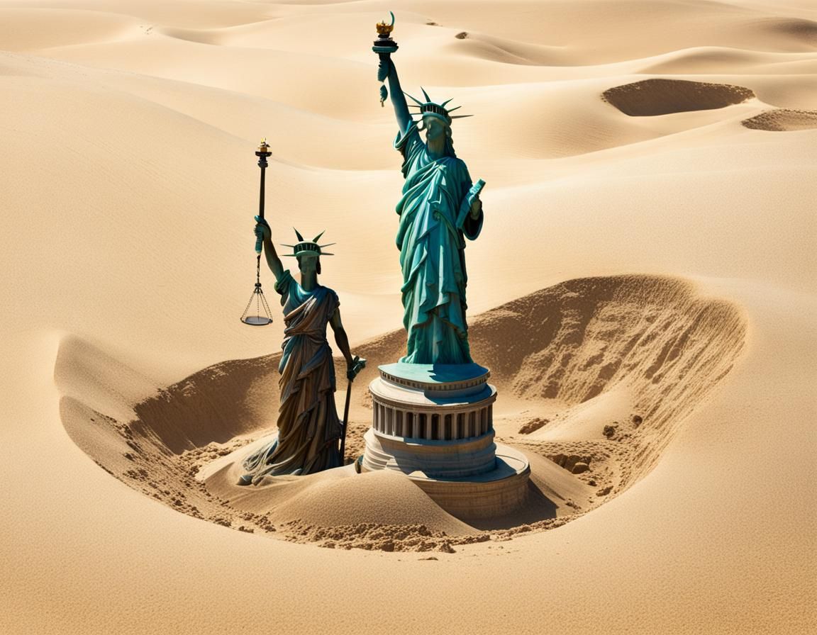 Statue of liberty and Lady Justice buried in sand up to the shoulders ...