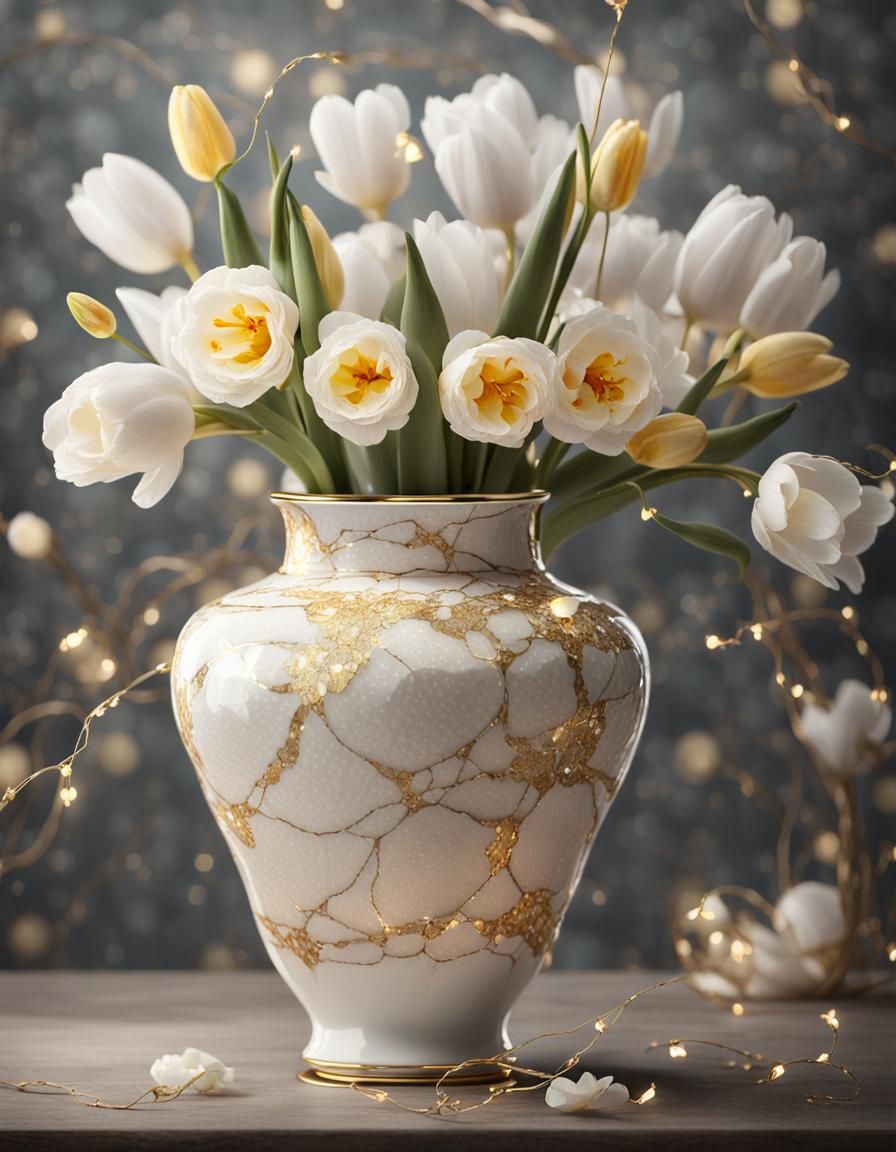 +masterpiece, porcelain vase kintsugi style , freesias, tulips, roses ...