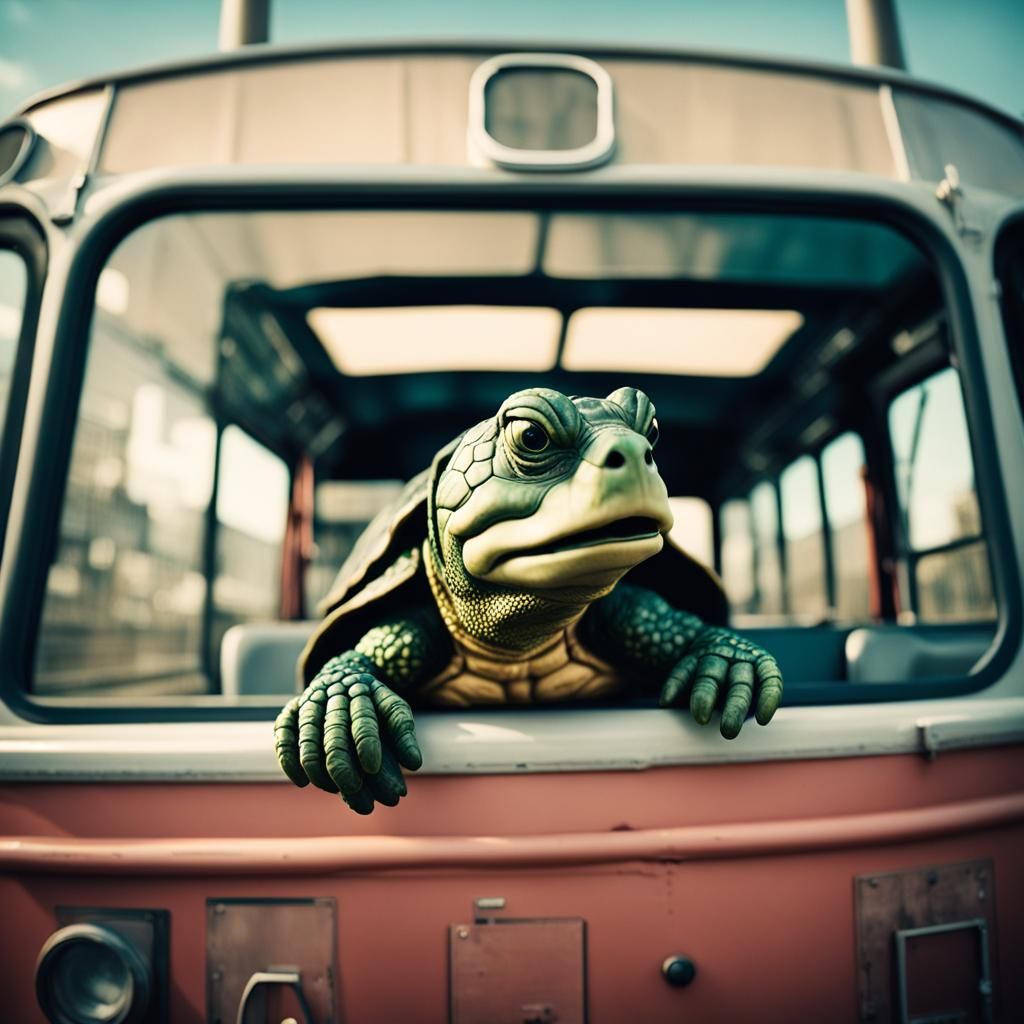 Anthropomorphic turtle sitting in the drivers seat of a double decker ...