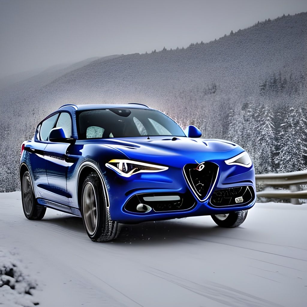 blue alfa romeo stelvio racing on a snowy mountain road - AI Generated ...