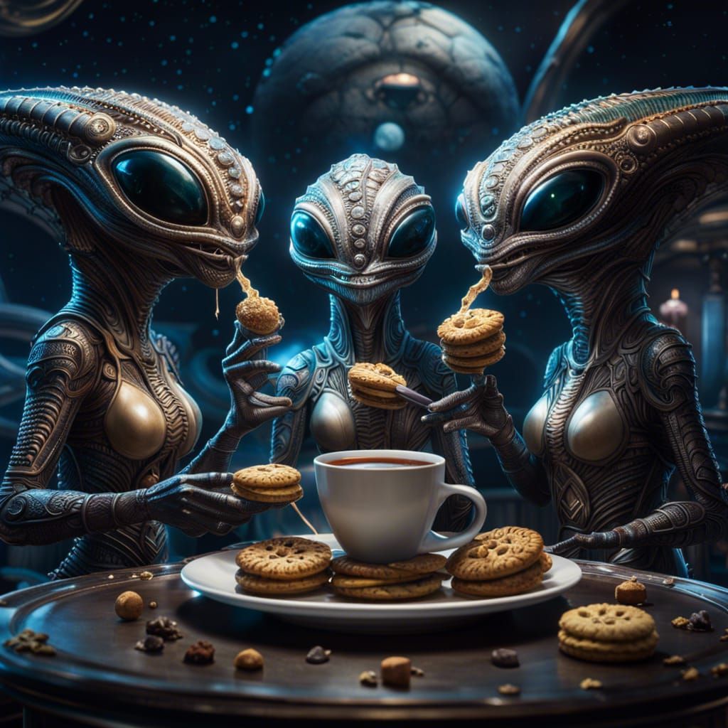 Cosmic Alien three sisters, eating alien versions of tea and biscuits ...
