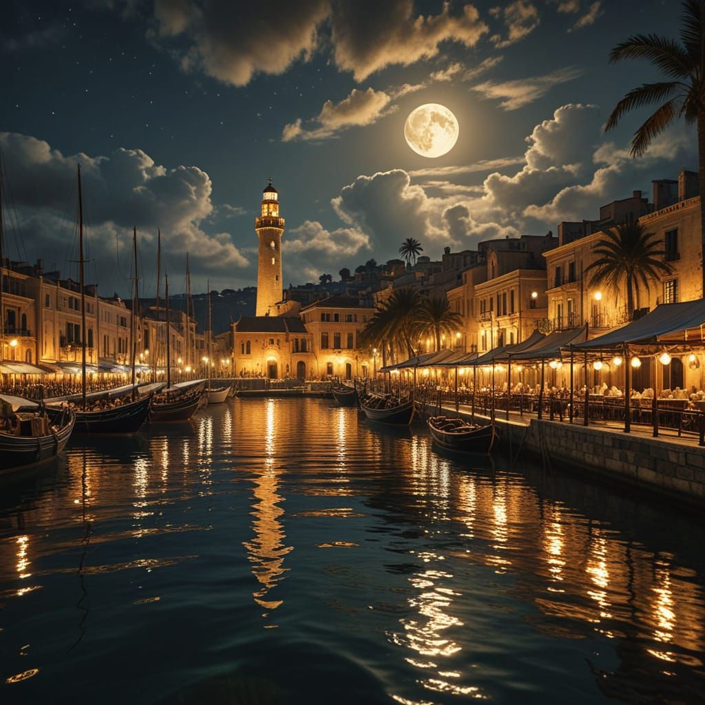 A breathtaking moonlit harbor in a Mediterranean-inspired city ...