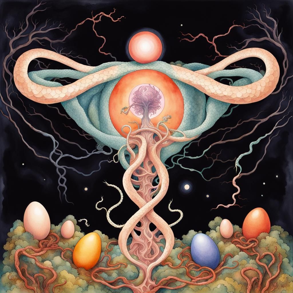 Diagram of a uterus with snakes where the fallopian tubes are, and eggs ...