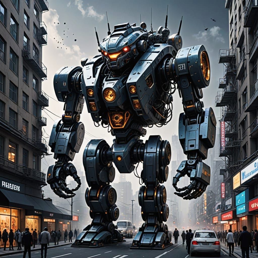 Cyberpunk Megastructure Robots Unleash Urban Fanta... - AI Art