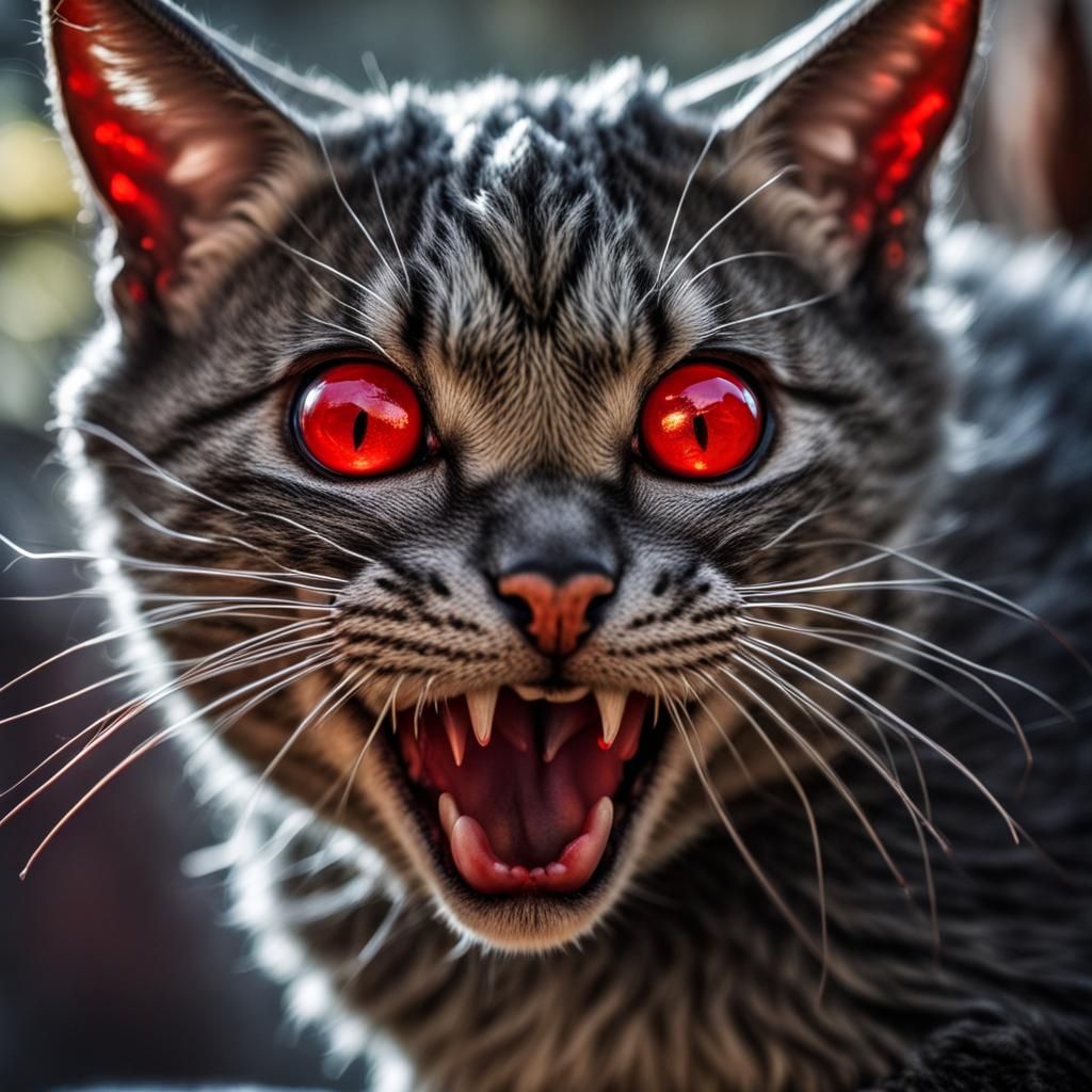 Vampire kitty, red eyes, fangs, adorably cute, intricate details ...