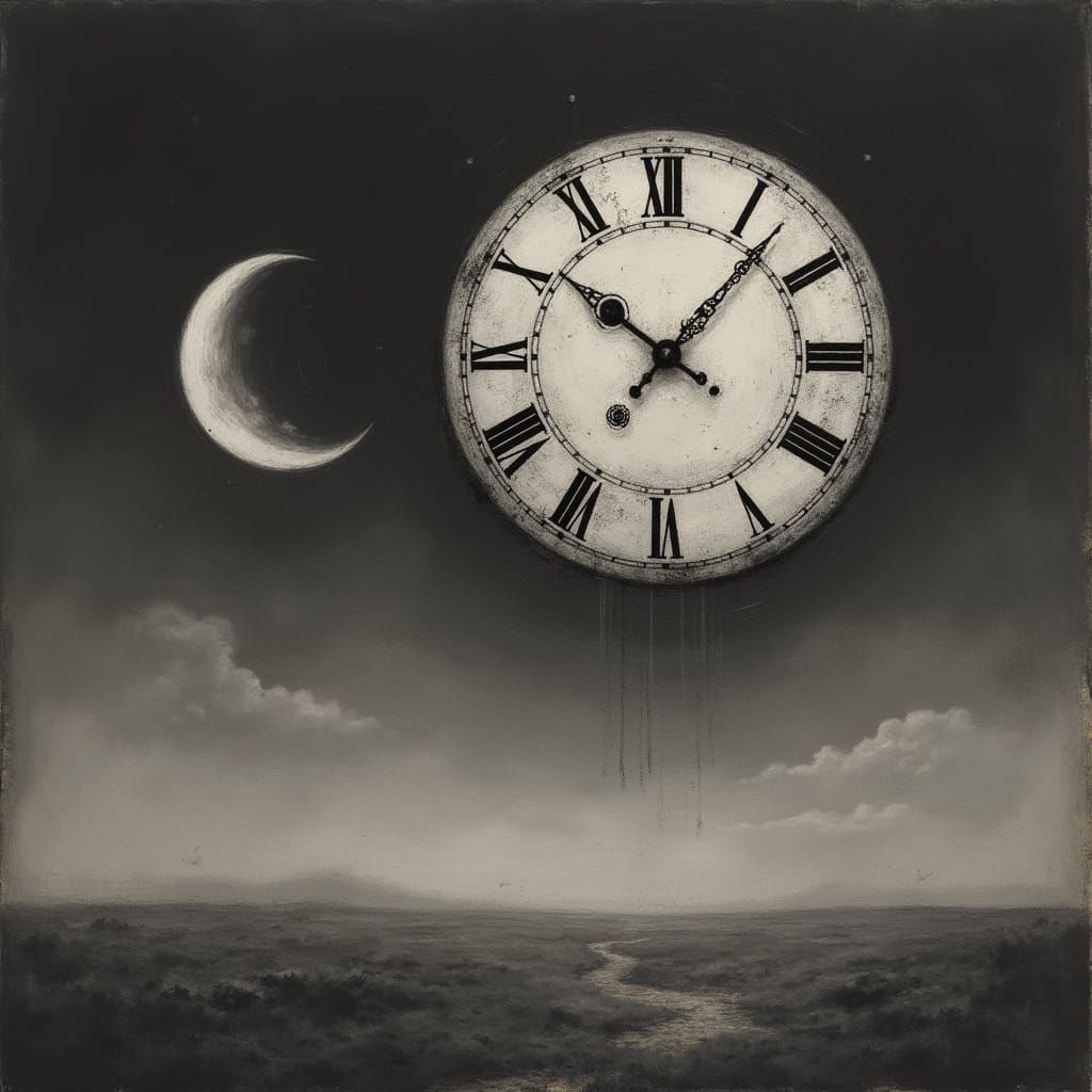 Dark Skies with Two Moons: Faded Clock Face and Cr... - AI Art