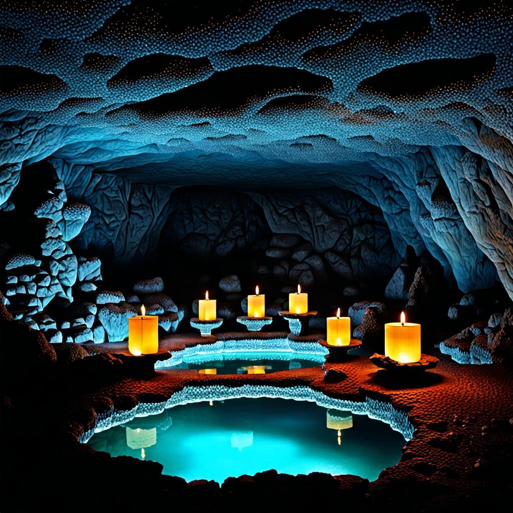 a cave with an illuminated water altar - AI Generated Artwork ...