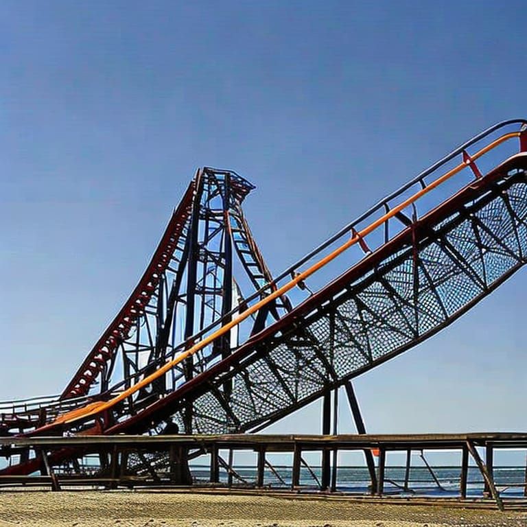The ruined haunted abandoned jet star roller coaster on the pier in New ...
