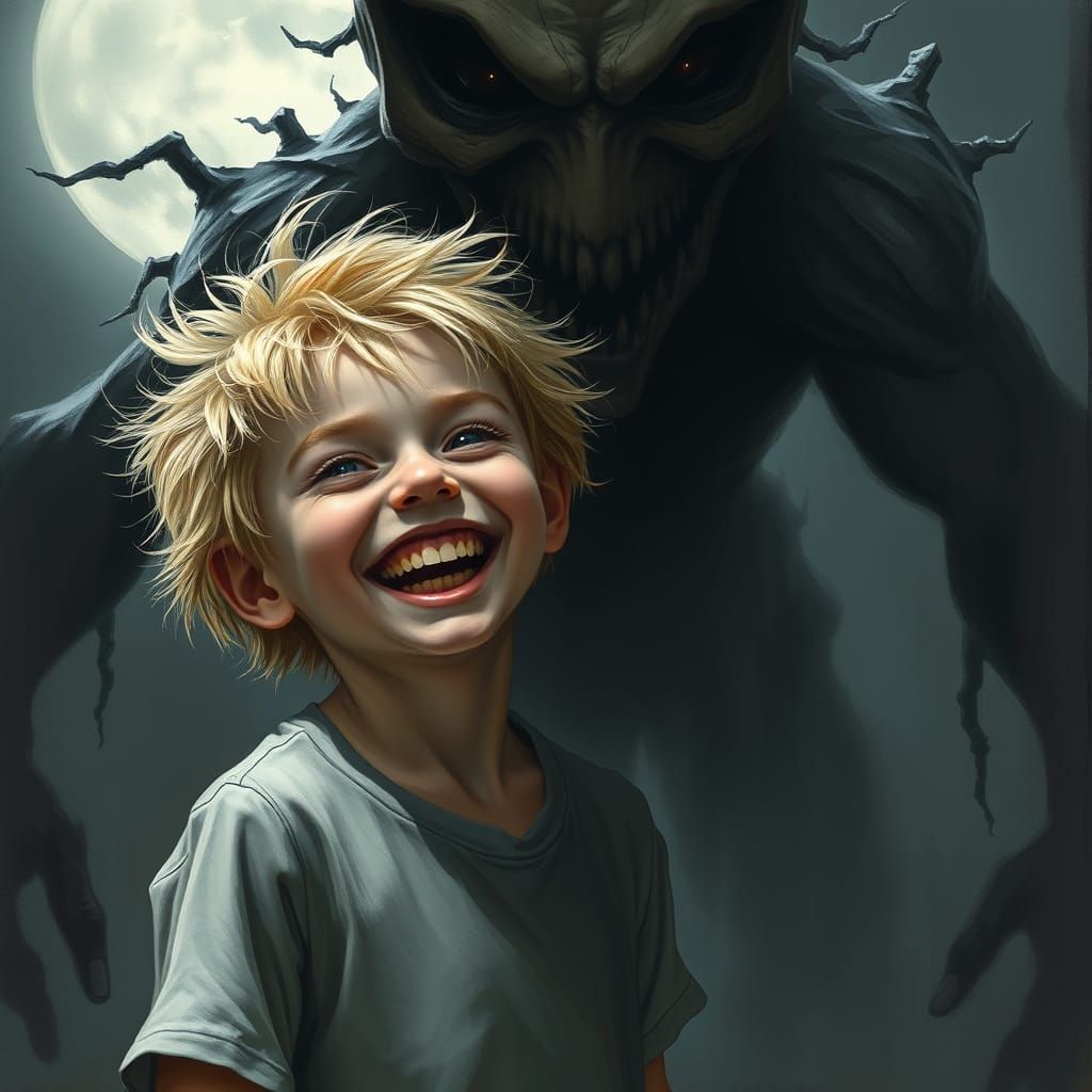 Young Boy Laughs in Face of BoogeyMan's Ominous Pr... - AI Art