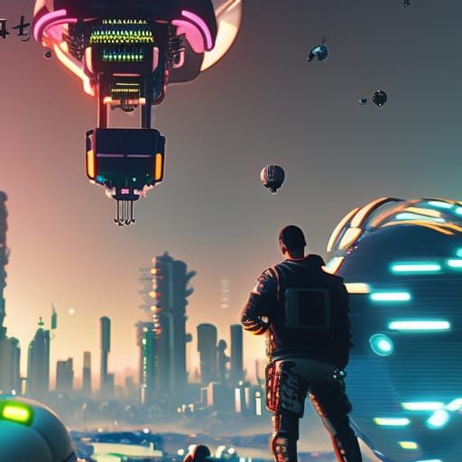 Hyper detailed Cyber cop in cyber balloon flying over hyper detailed ...