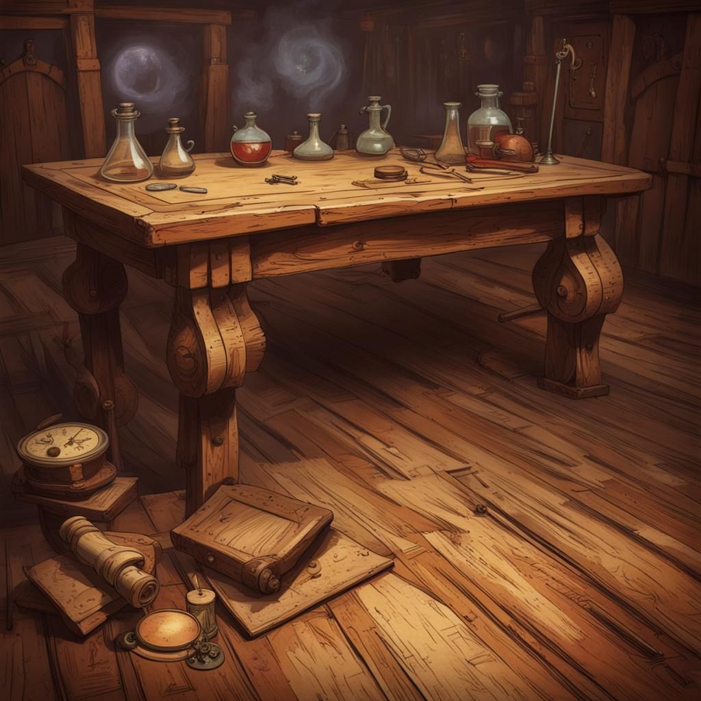 Worn wooden table of wizards lab. - AI Generated Artwork - NightCafe ...