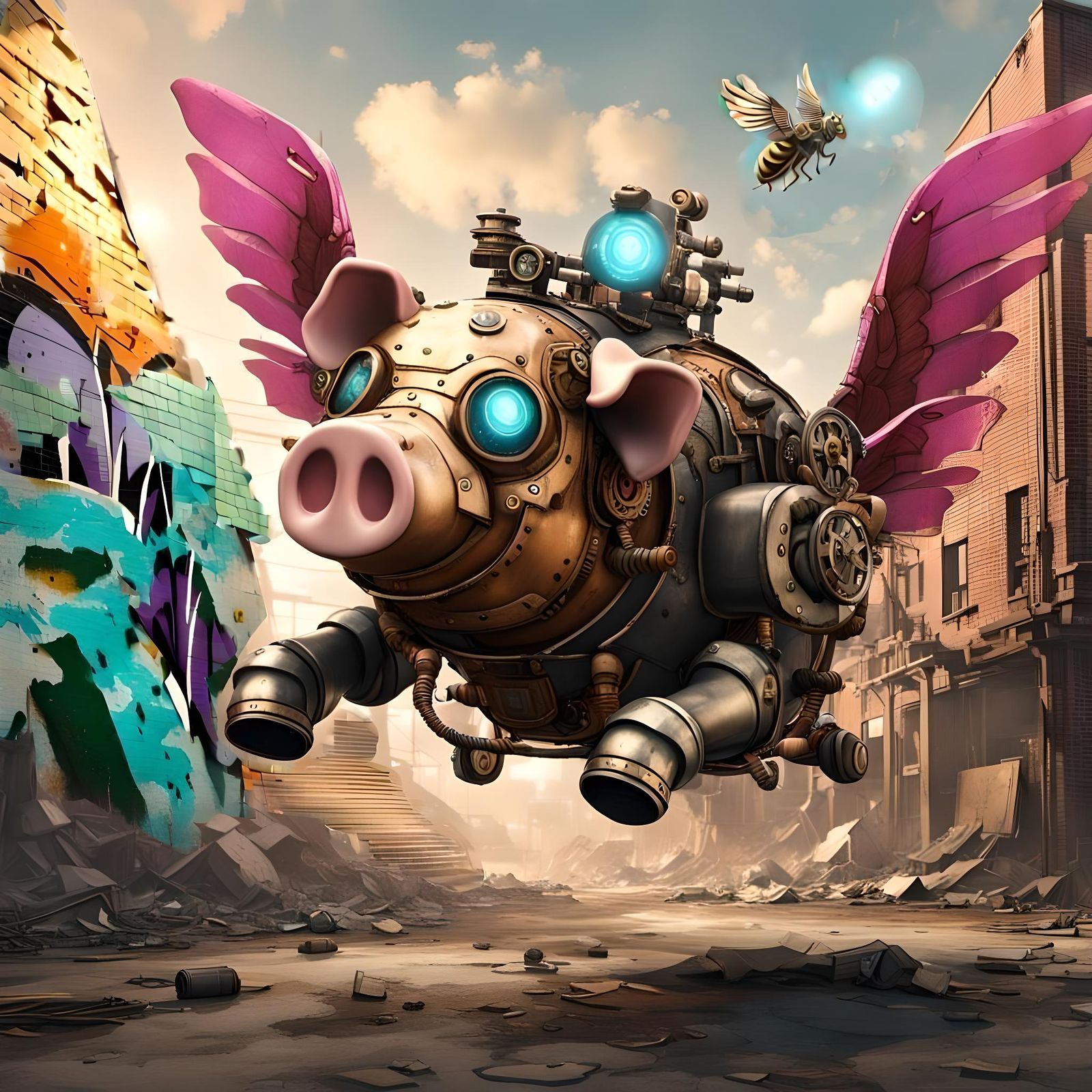 Cyborg piggy with waspdrone sidekick - AI Generated Artwork - NightCafe ...