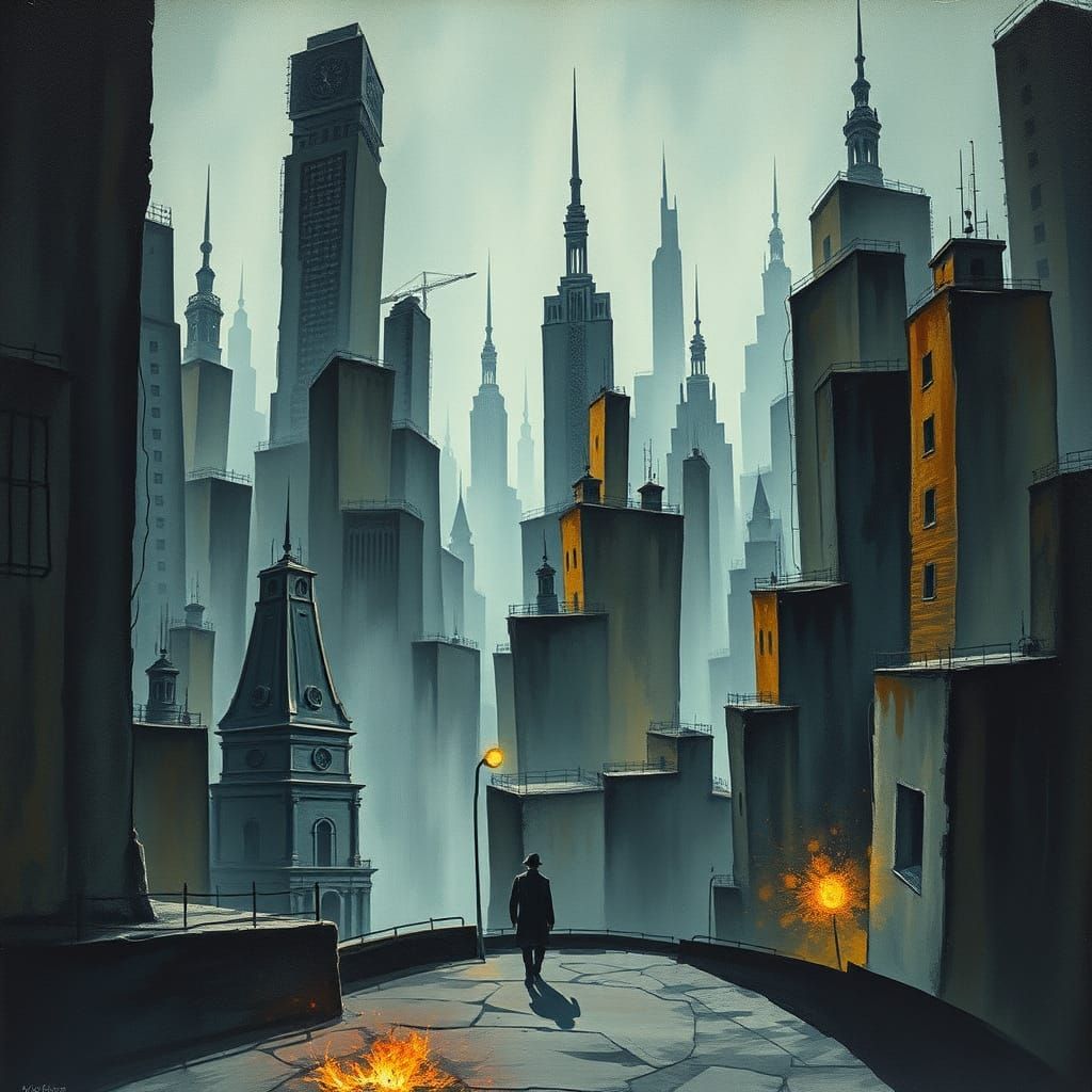 kafka world - Dreamlike Metropolis in Expressionist Style