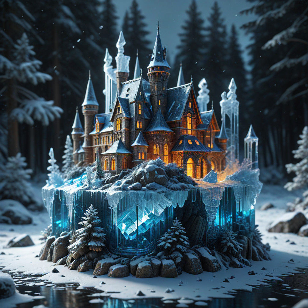 Snowy Winter Castle with Crystal Walls and Frosty ... - AI Art
