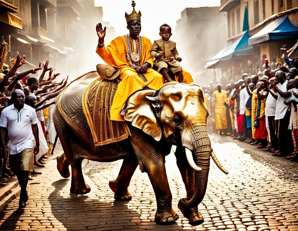 89N8G, African King dressed in gold, riding on top of African Elephant ...