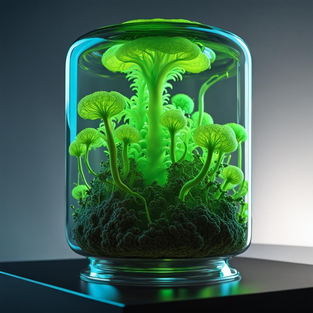 intricate Maximalist neon green slime mold growing entirely inside a ...