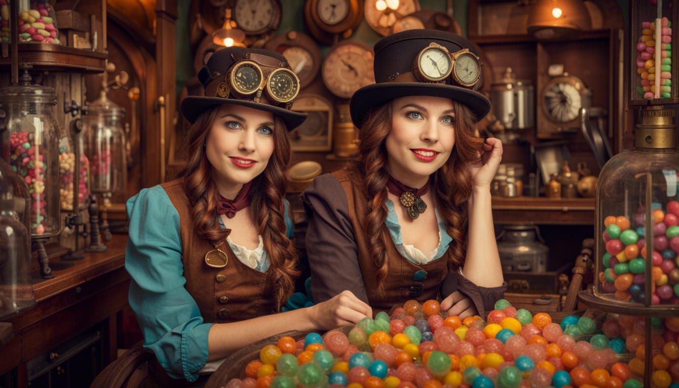 antique candy shop, steampunk theme, DSLR, realistic, true to life, perfect, colorful, joyful ...