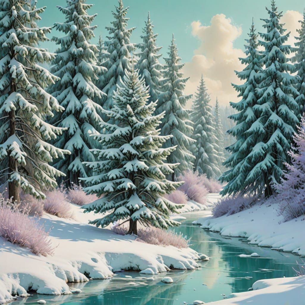 Turquoise Christmas Tree Amidst Snowy Trees in Cha... - AI Art