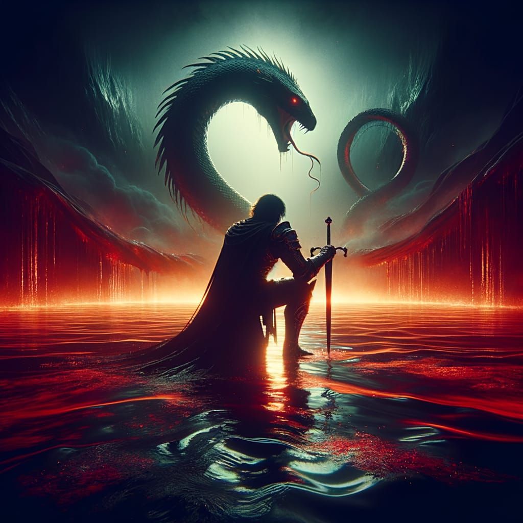 Dark Knight Beset by Serpent in Blood-Red Water - AI Art