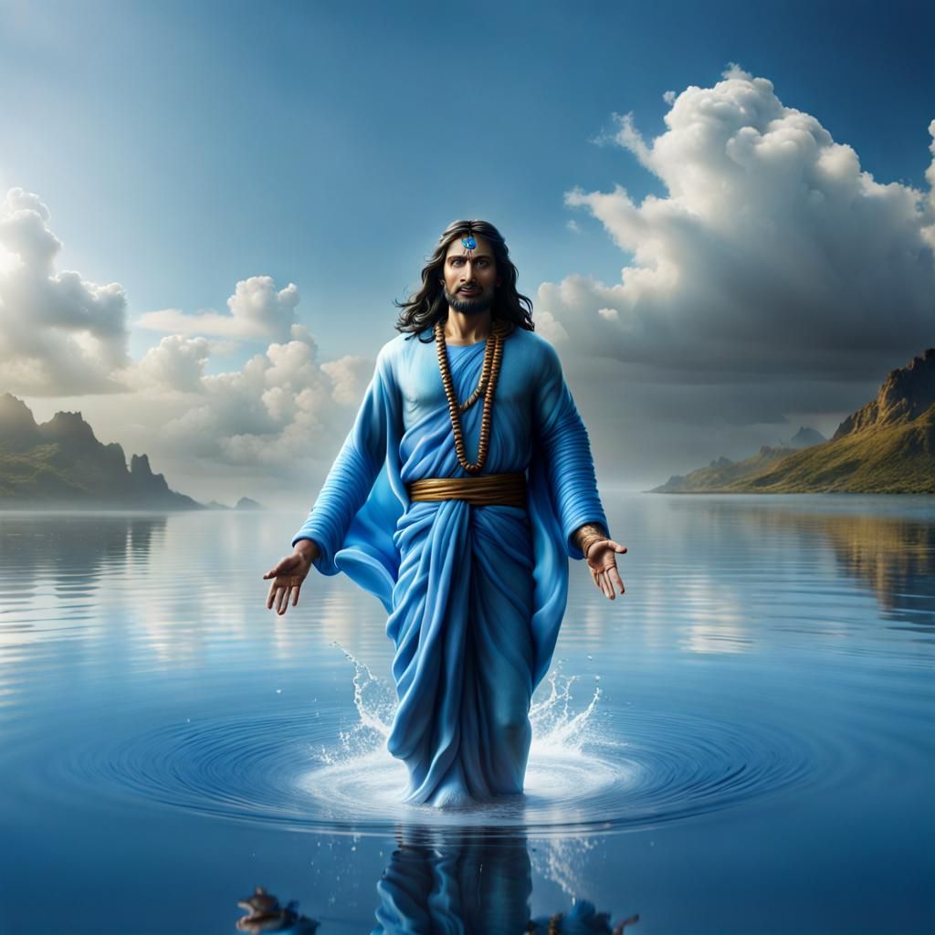 A blue Hindu Jesus miraculously walks on top of the water. detailed ...