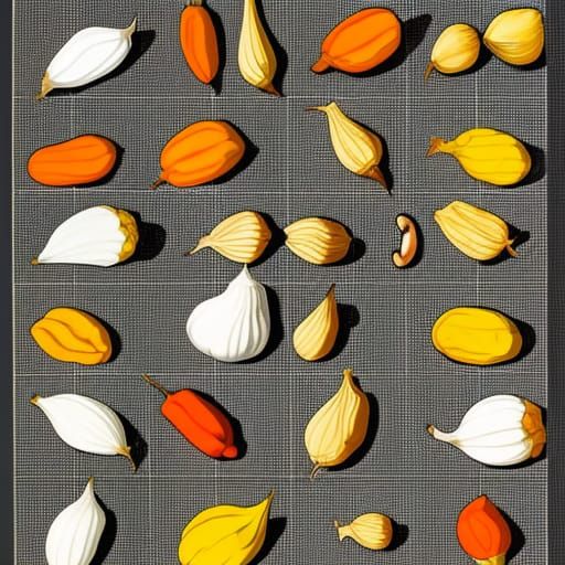 Black and white engraving of ginger root, onion, chili pepper, peanuts, garlic, turmeric, sesame ...