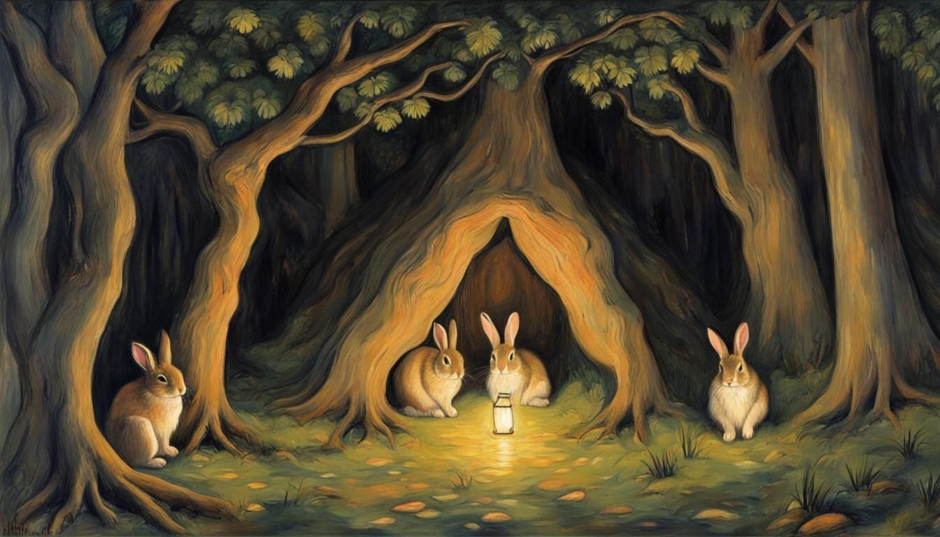 Rabbit talks to demons in the woods. A cave has a lantern inside. The ...