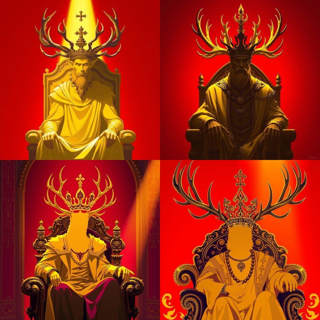 A 2-D yellow silhoutte wearing a crown made out of antlers. He sits in ...