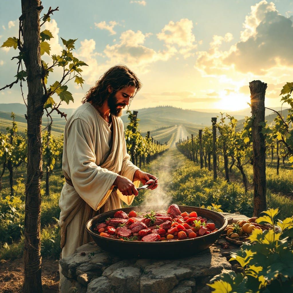 Jesus Serves a Vineyard Feast in a Beautiful Lands... - AI Art