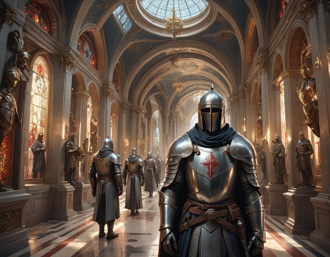 big magnificent hallway with knight templar statues - AI Generated ...
