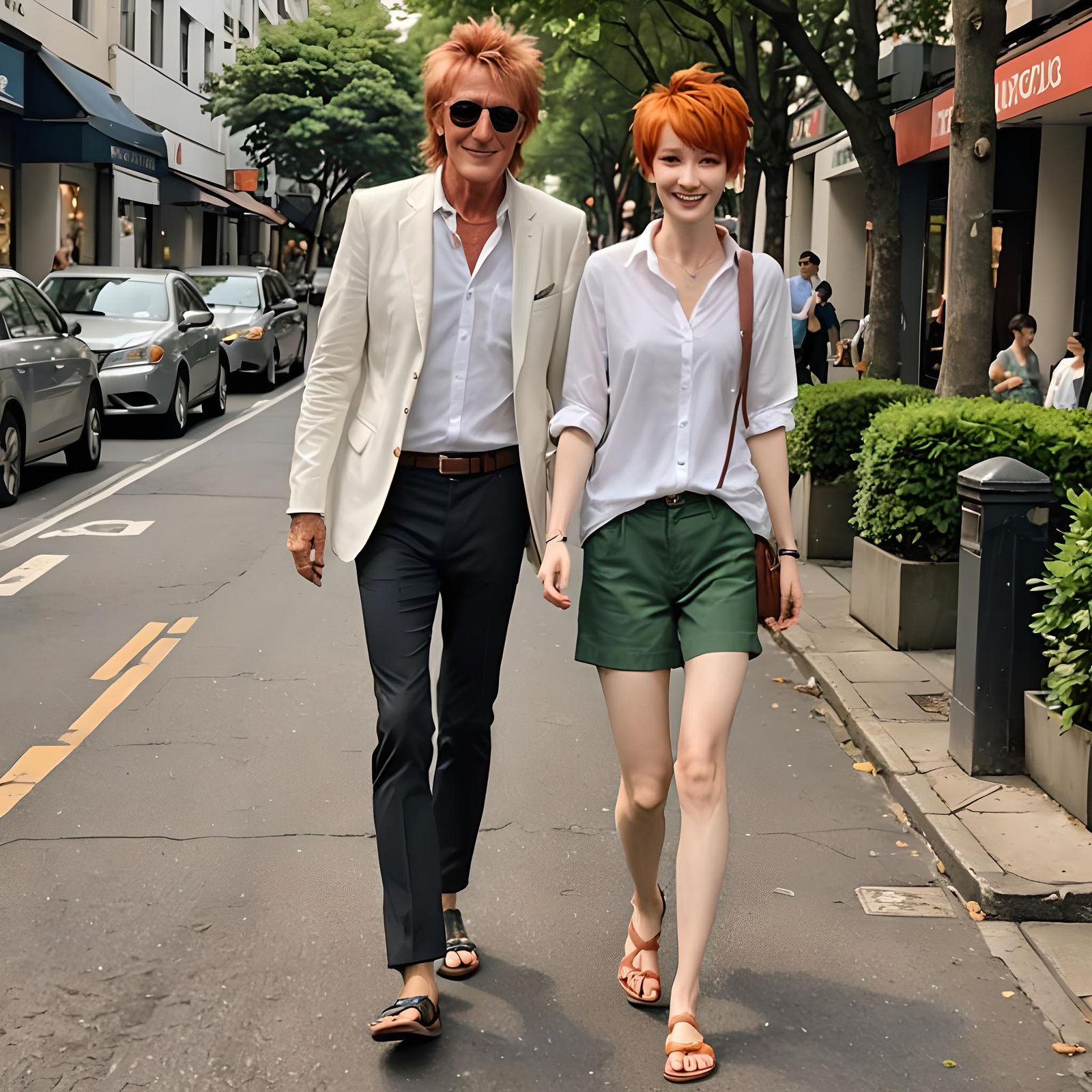 Barefoot redhead girl with a pixie cut meets Rod Stewart, anime - AI ...