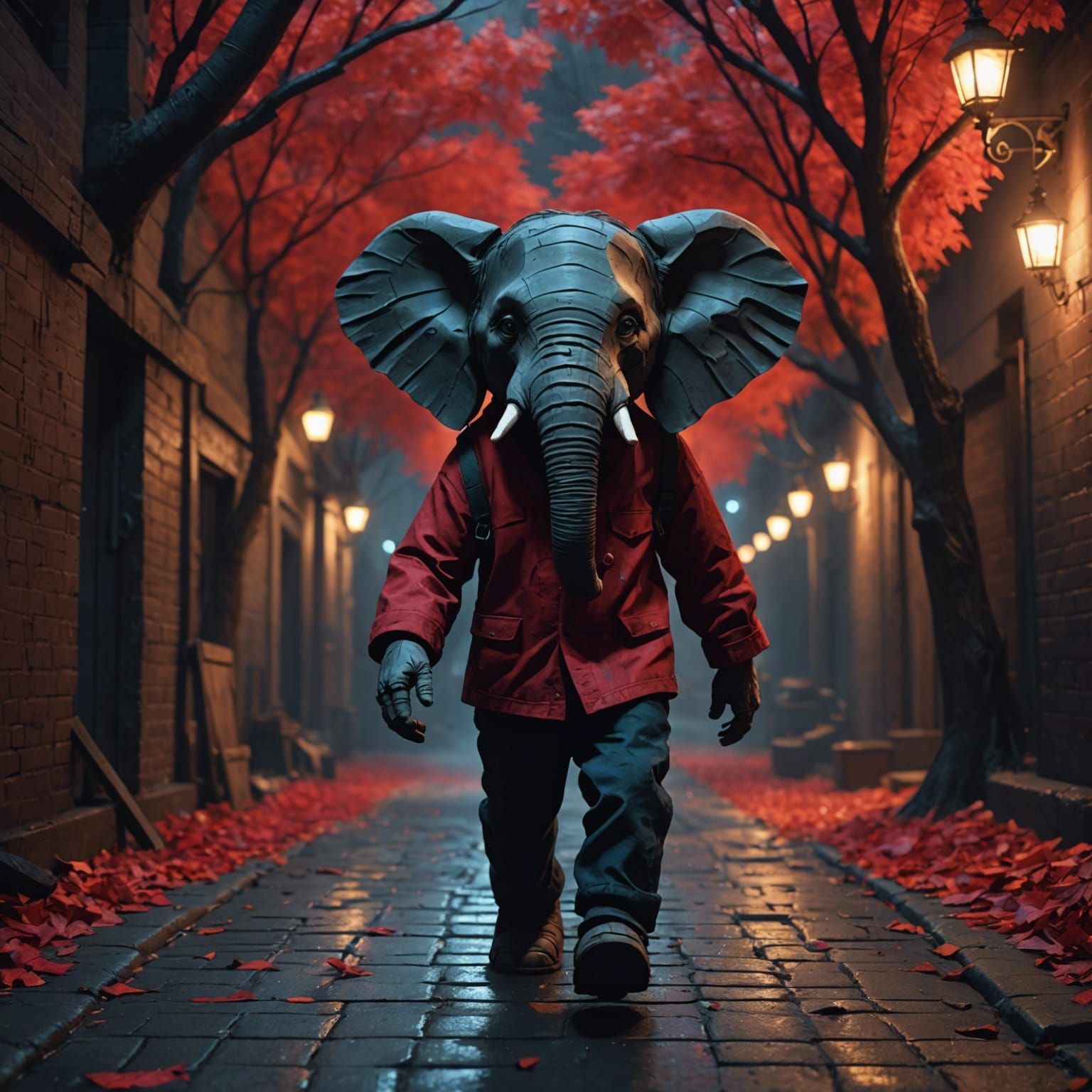 Creepy wooden puppet elephant boy walking in a dark alley with red ...