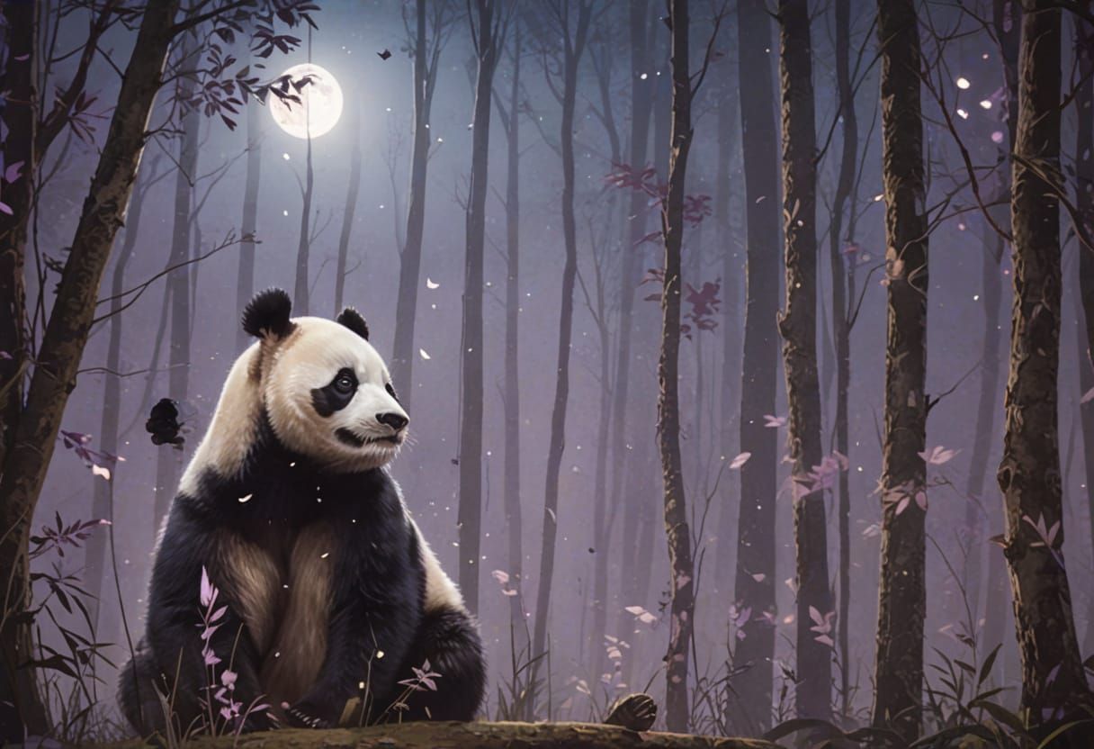 mysterious panda - Ethereal Panda in a Misty Forest Moonli...
