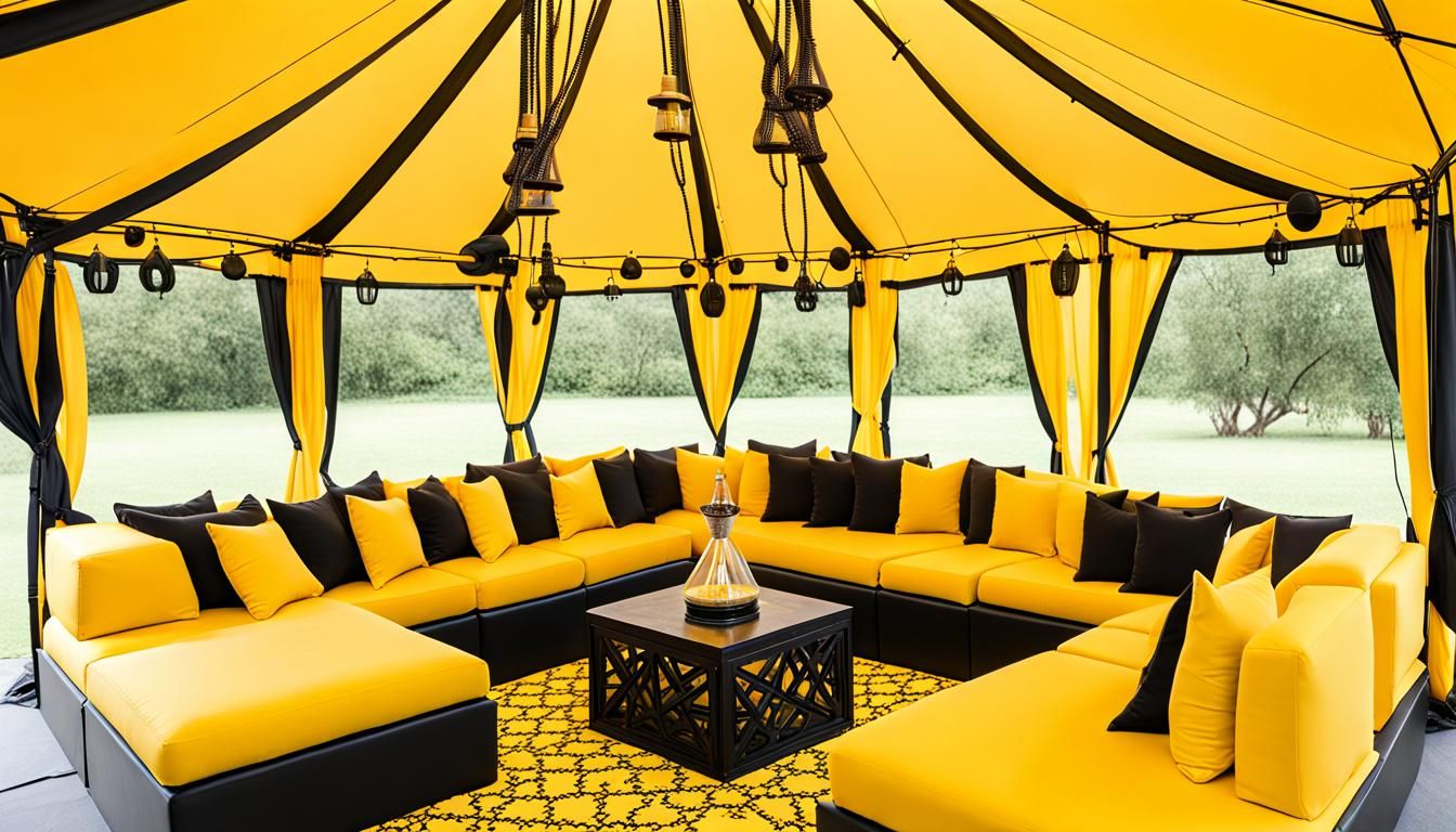 An extravagant outdoor hookah lounge set up in a tent in a primarily ...
