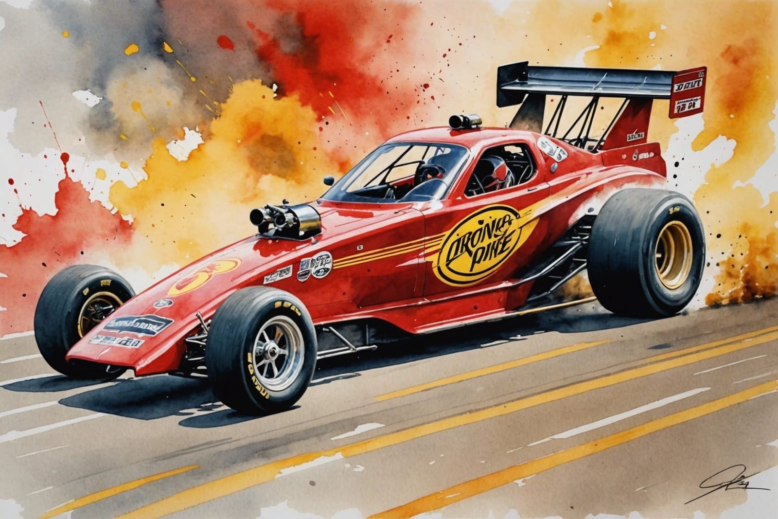 Red and gold dragster funny car, spitting out dust, other racers far ...