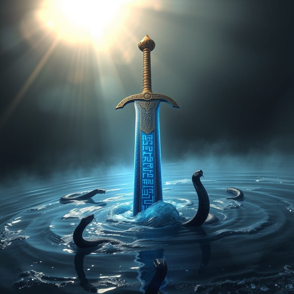 Ancient Blue Sword Plunges into Boiling Lake in Vi... - AI Art