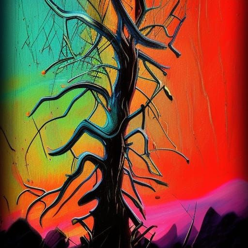 a tree, triadic colors, analogous colors, warm colors, action painting ...